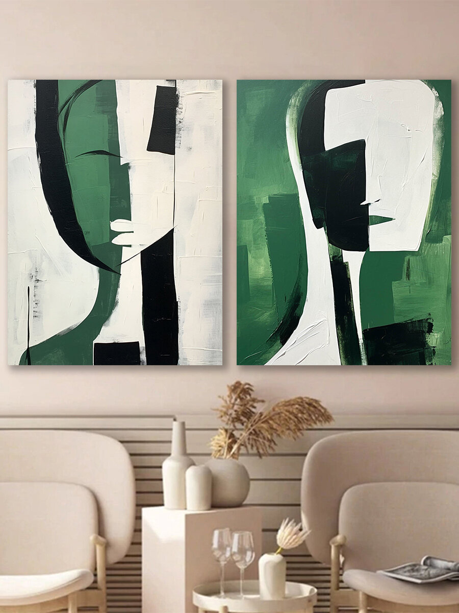 Картина модульная на стену / композиция из 2-х картин, "Зеленая абстракция, минимализм, лица и силуэты", 70х100 см.