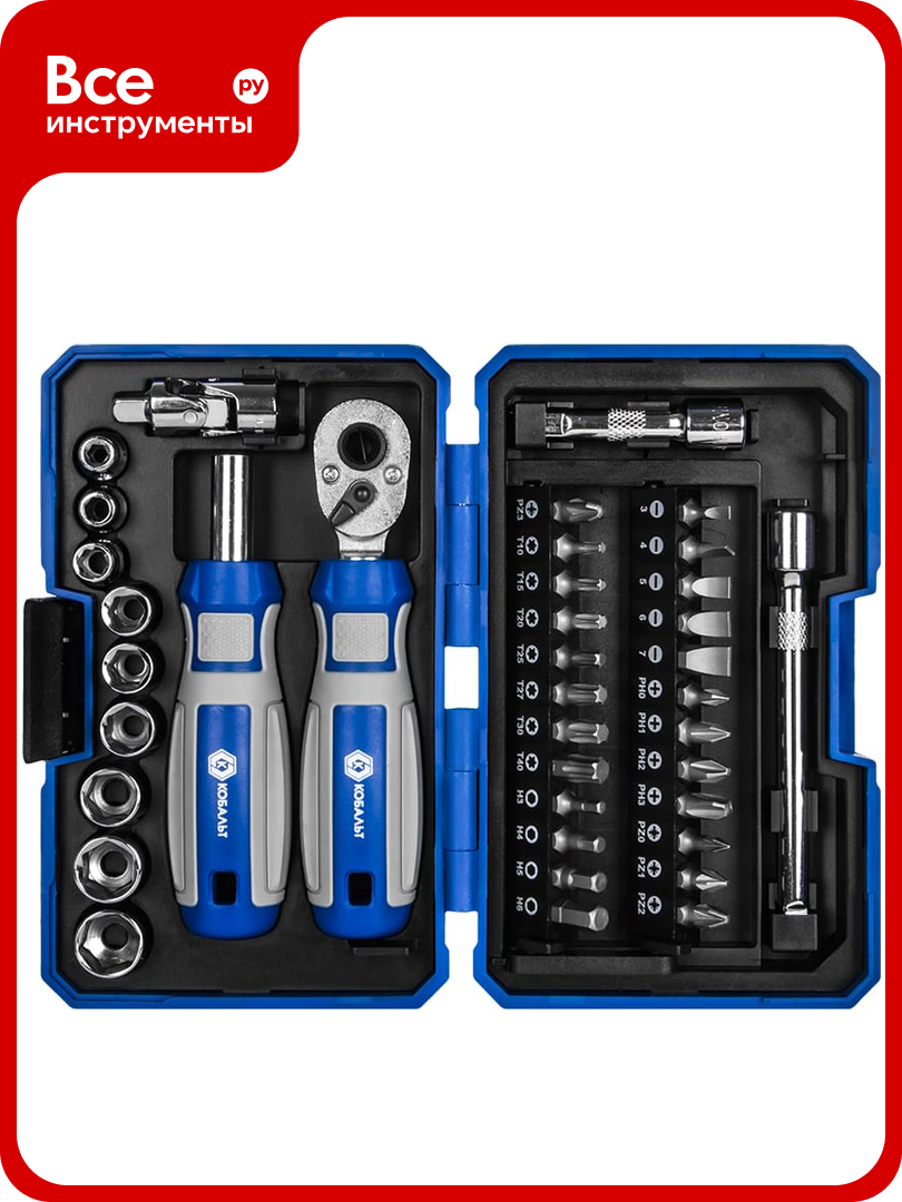Набор бит и головок с трещоткой кобальт CR-V, 24 биты, 9 головок, трещотка, отверточная рукоятка, 2 удлинителя, шарнир