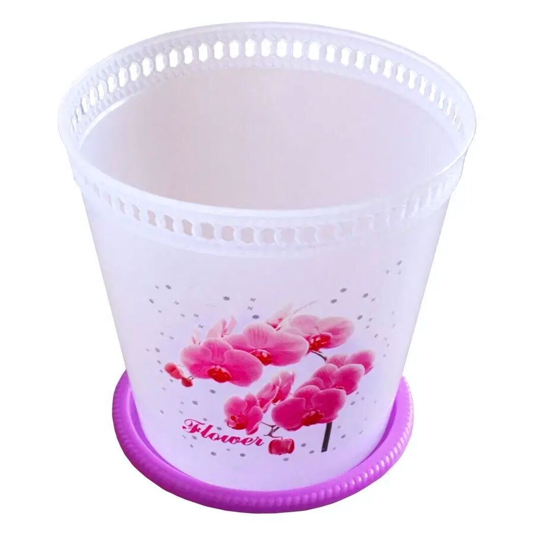 Кашпо для орхидей пластиковое 3л, прозрачное с рисунком цветов, перфорация, пурпурное основание
