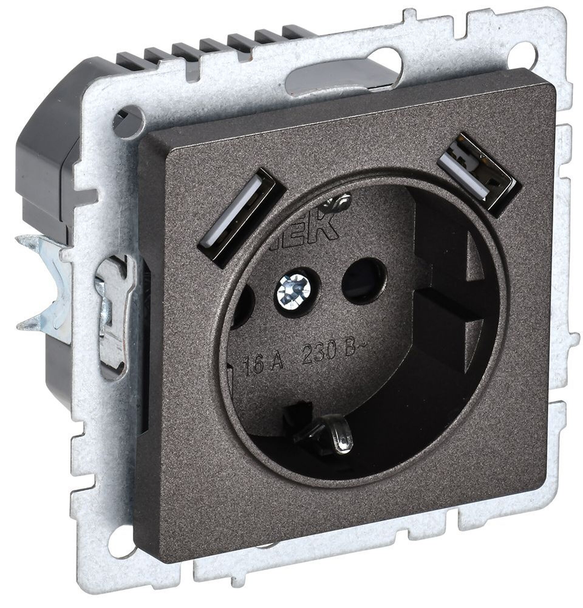 BRITE Розетка одноместная с заземлением с защитными шторками 16А с USB A+A 5В 2,1А РЮш10-1-БрТБ темная бронза IEK