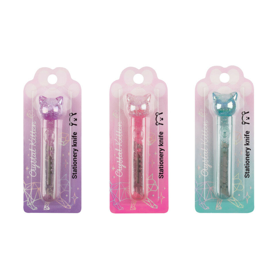 Нож канцелярский 9мм MESHU "Crystal Kitten", блистер, европодвес, ассорти, 377267