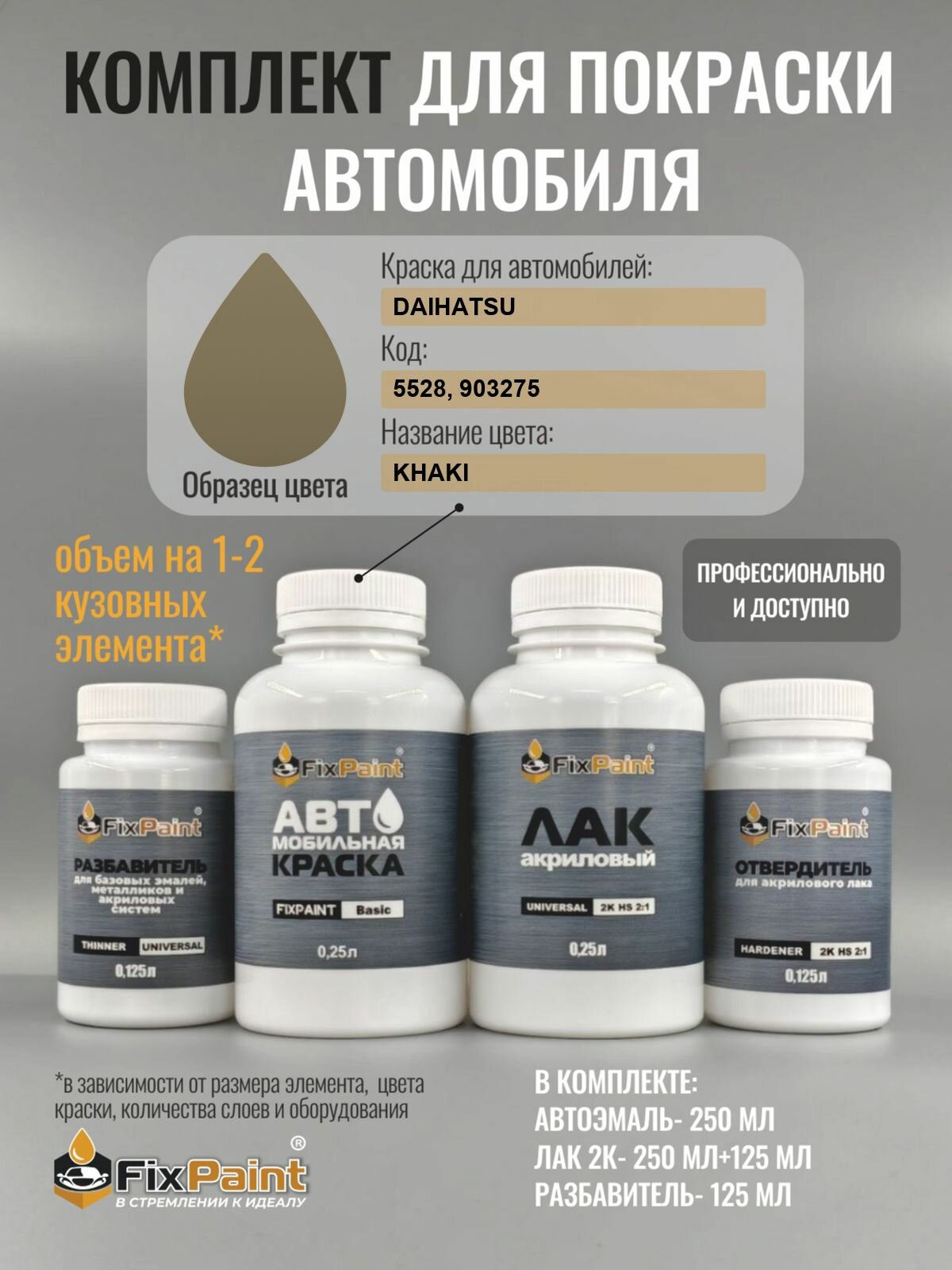 Комплект для покраски DAIHATSU, код 5528, 903275, KHAKI, базовая автомобильная эмаль 250 мл, лак 2K 250 мл с отвердителем, разбавитель 125 мл, FixPaint Pro