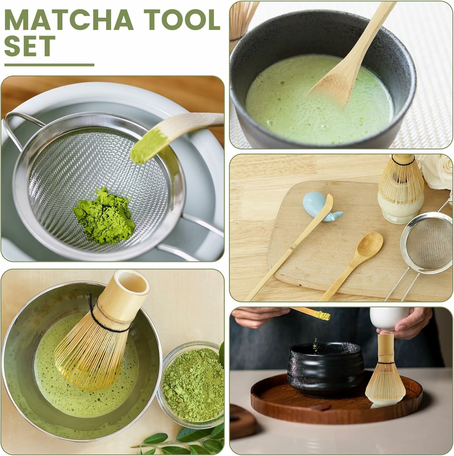 Набор для приготовления японского матча из бамбука, 6 предметов, включая венчик, ложку, сито и керамические держатели для домашнего использования