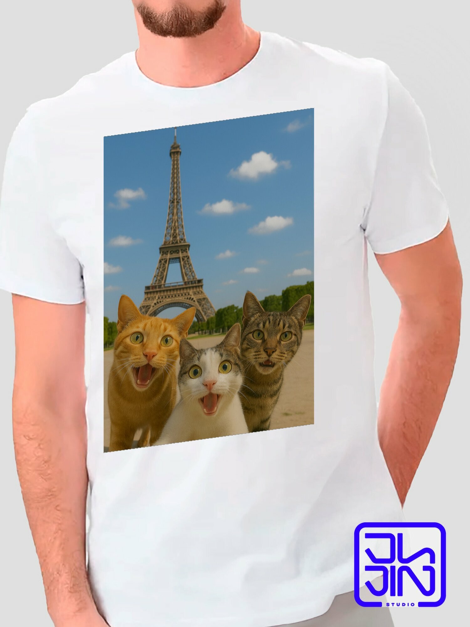 Футболка классическая мужская с авторским принтом Смешные разноцветные кошки с мемами на фоне голубой эйфелевой башни и города, белый хлопковый трикотаж с прикольным рисунком на груди