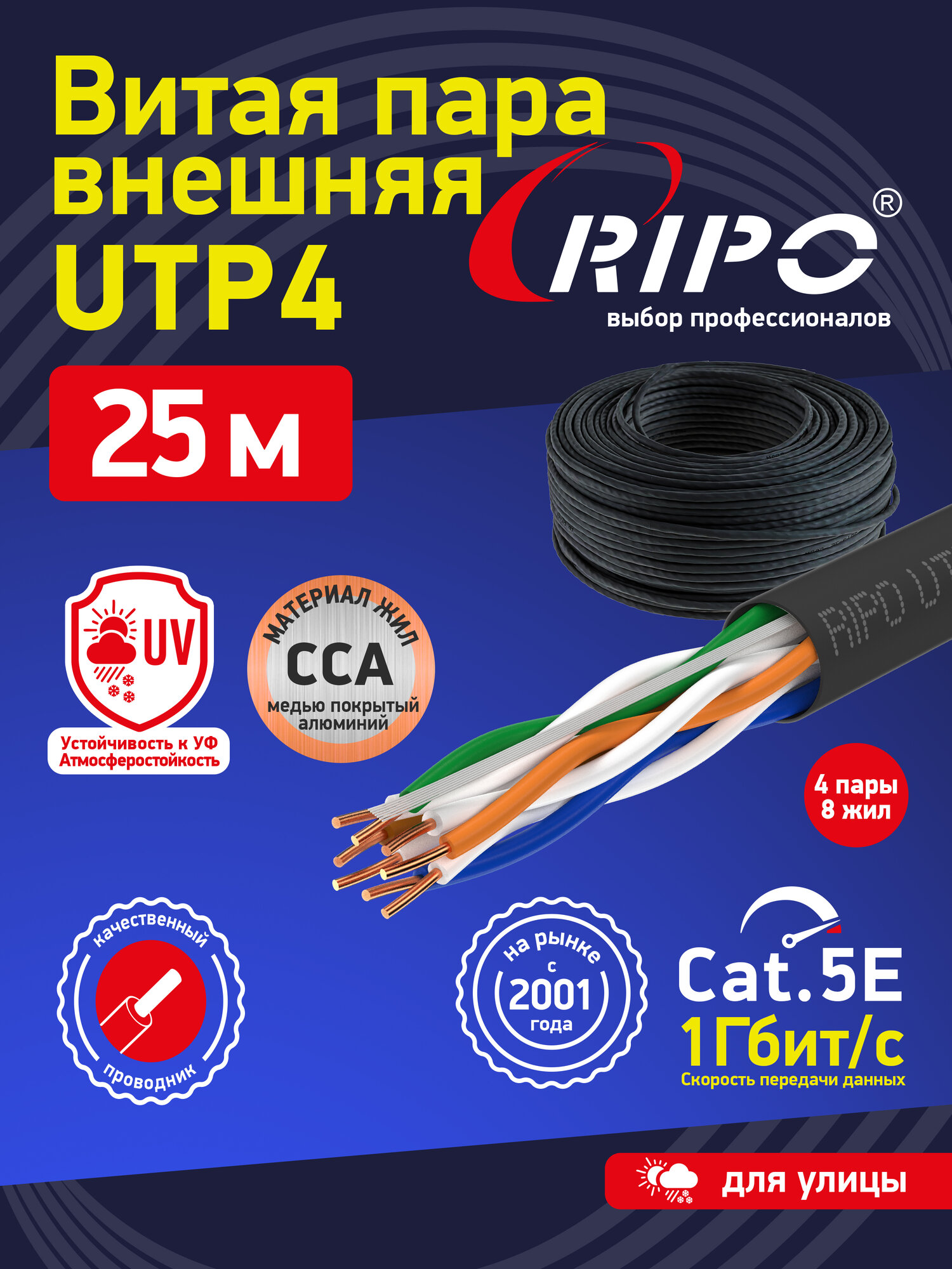 Интернет кабель витая пара LAN UTP4 CAT5E 24AWG, омедненный алюминий, уличный, 25 м