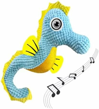 DINGXIAN Плюшевая игрушка для собак в форме морского конька с пищалкой, для мелких, средних и крупных пород, сине-желтый