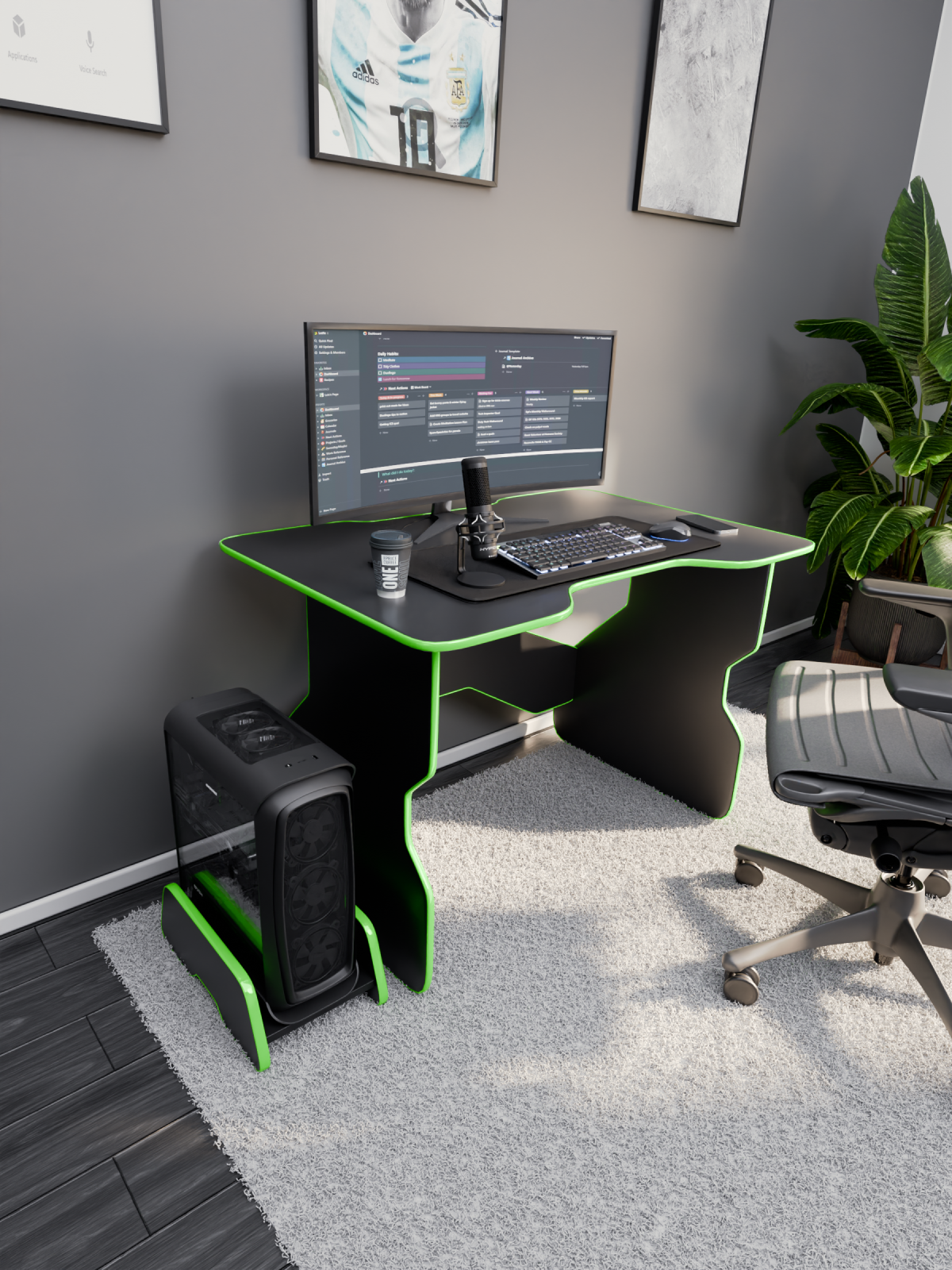 Игровой компьютерный стол для геймера черный с кислотно желтой окантовкой 106х73х75