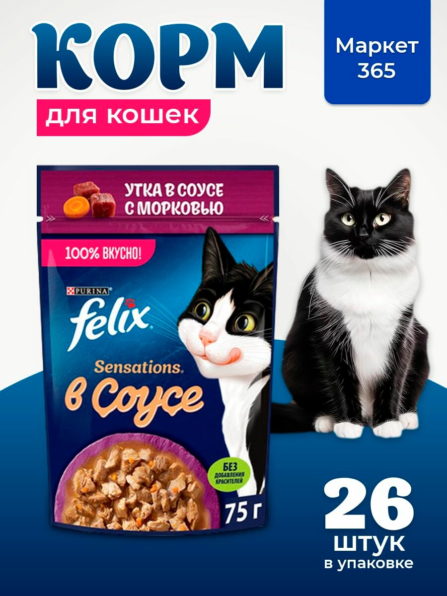 Влажный корм для кошек Felix Sensations, в соусе утка с морковью, 75 г x 26 шт