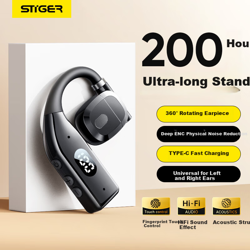 Stiger LED Display Wireless Bluetooth Earhook Earphone Single Ear Non-In-Ear Bone Conduction Concept High Volume Business Sports Running Driving Delivery Driver Headset