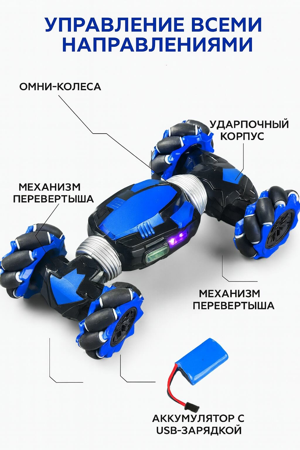 Радиоуправляемая машинка-трансформер 4WD с омни-колёсами, свет и трюки, 30 см