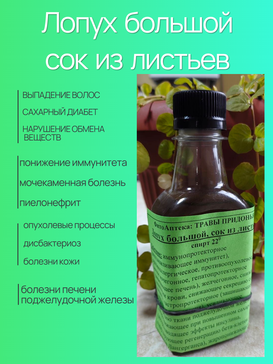 Сок из листьев лопуха большого, опухолевые процессы, выпадение волос , травы придонья, 250 мл
