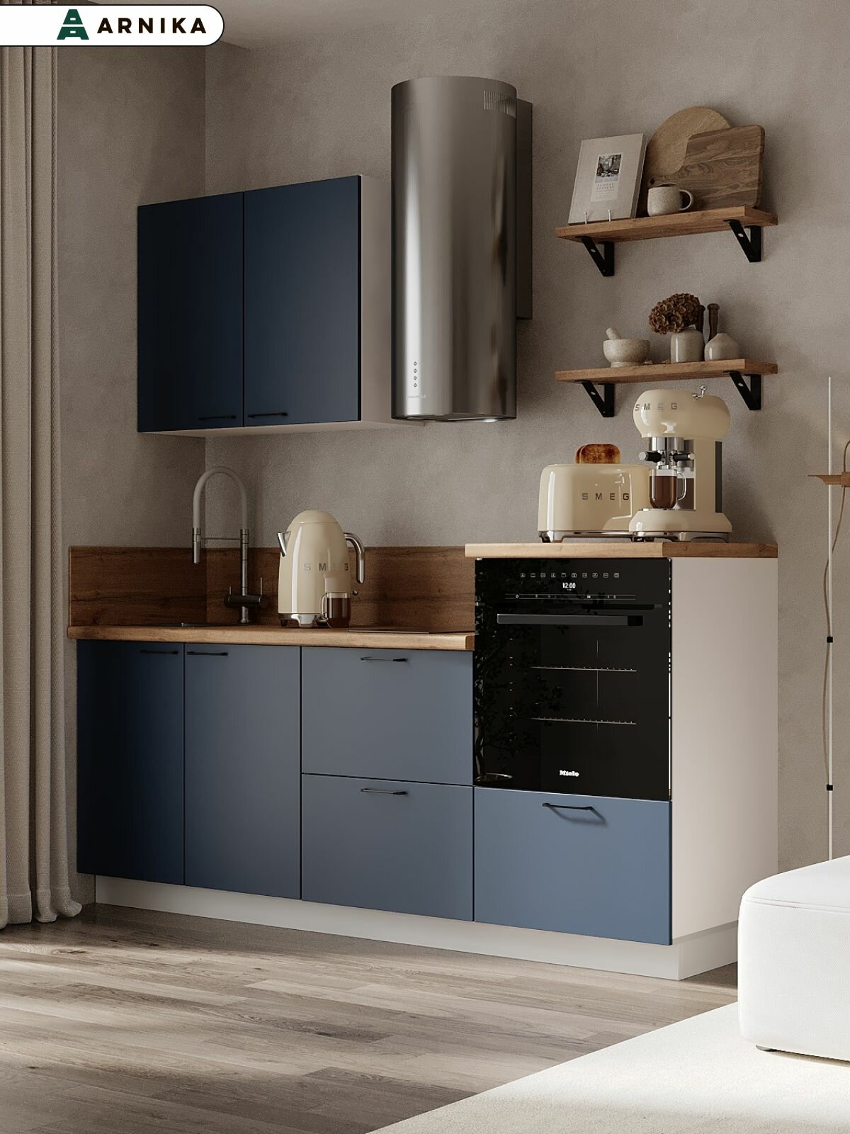 ARNIKA Кухонный гарнитур со столешницей "Дакия" 2,1м х 2,4м, цвет ежевика (синий), фасад пленка ПВХ