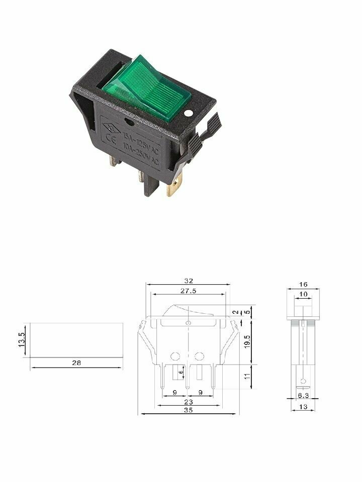 Клавиша 250V 15А ON OFF 3с зеленый с подсветкой REXANT 36-2226