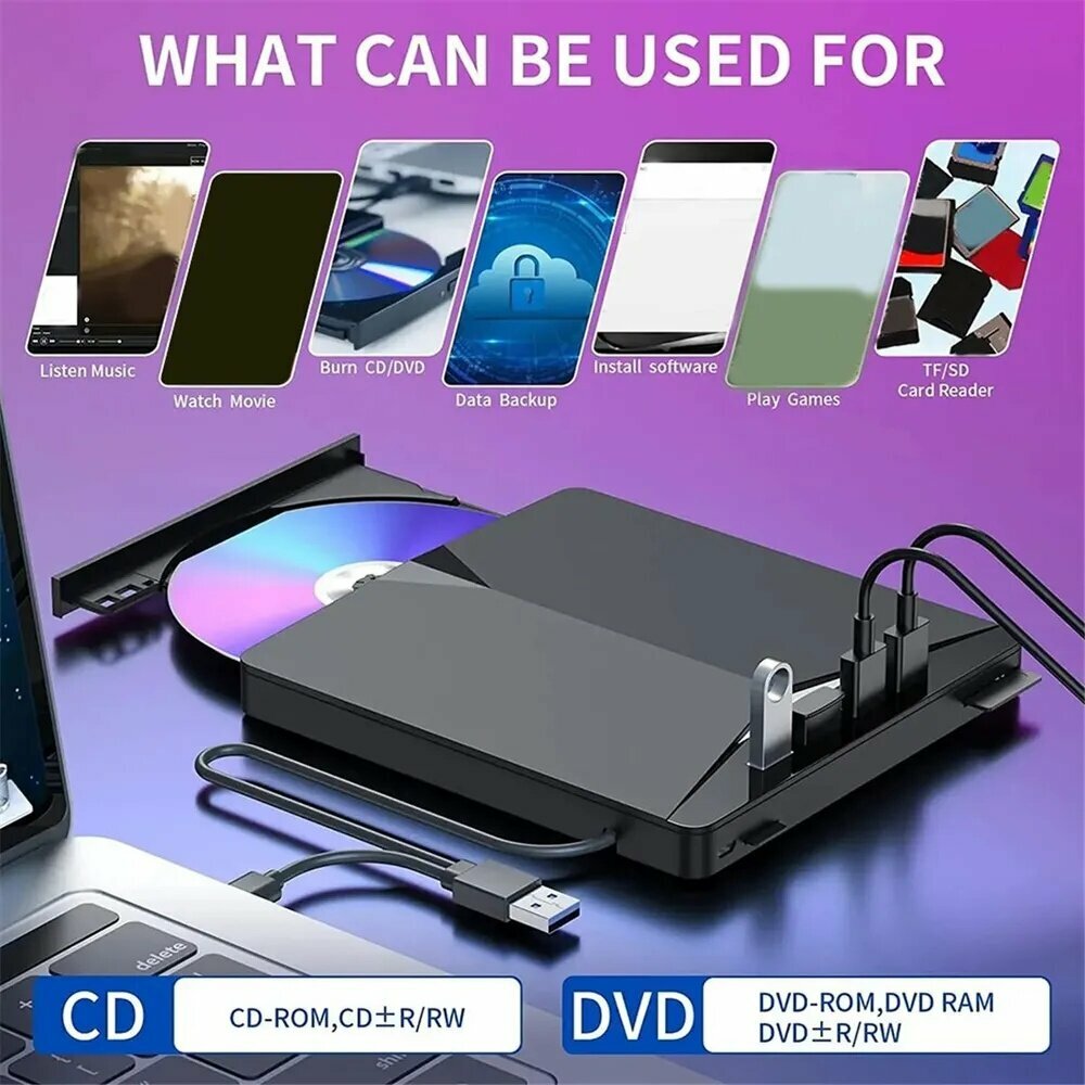 Внешний DVD-привод, USB 3.0 Тип-C, многофункциональный, 7 в 1, черный, 1 шт