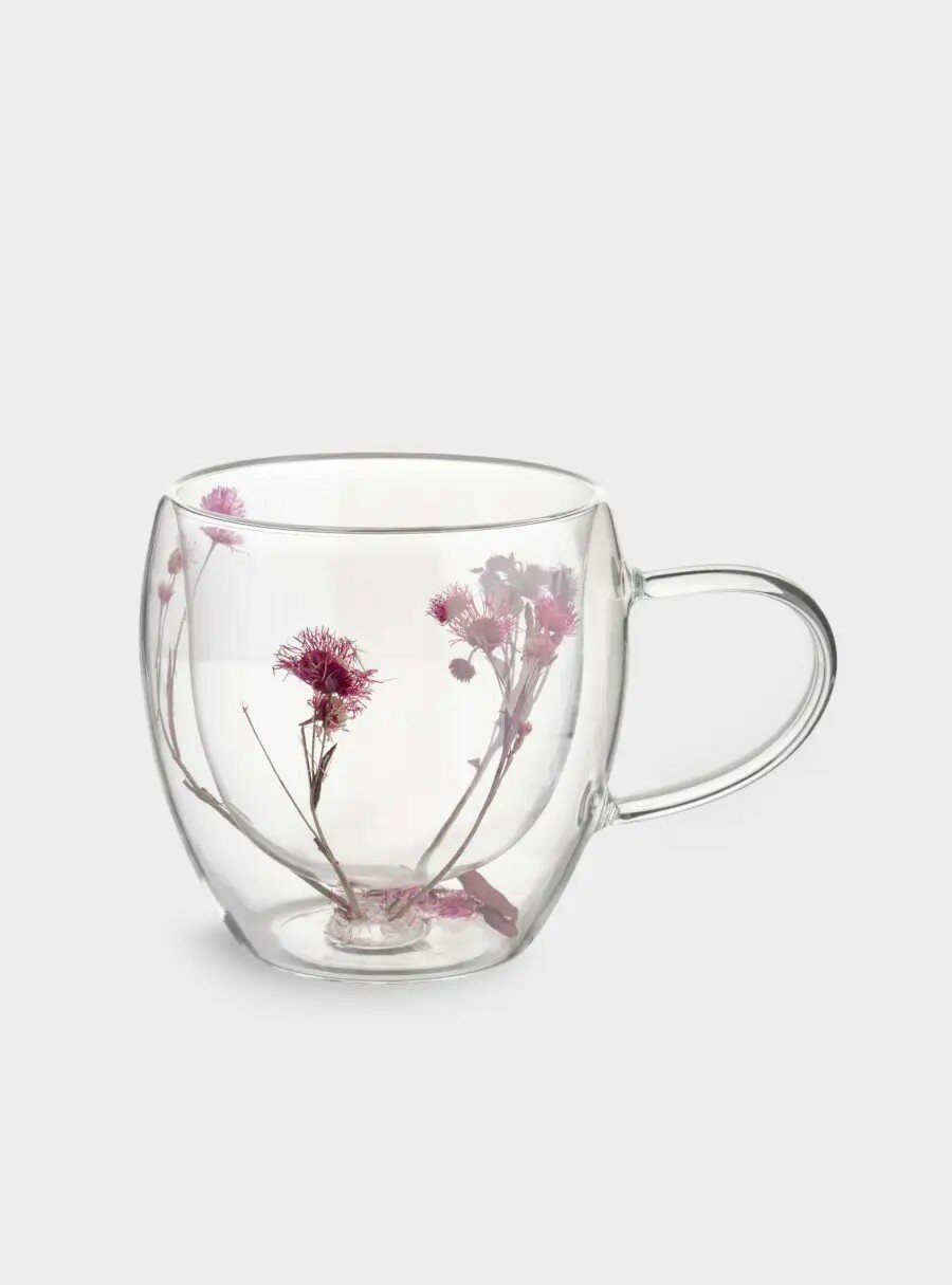 Кружка, 240 мл, стекло, с сухоцветами внутри, Сиреневые цветы, Wind-mystery (Anna Lafarg)