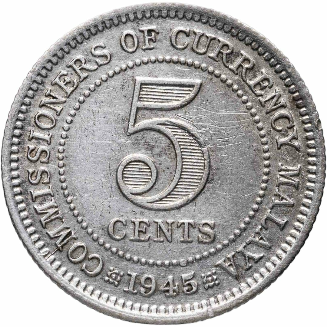 Малайя 5 центов cents 1945 Без отметки монетного двора, Серебро 500, в сохранности VF