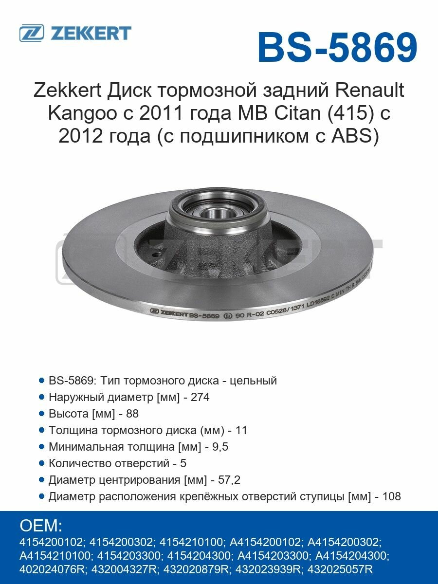 Zekkert Диск тормозной задний Renault Kangoo с 2011 года MB Citan (415) с 2012 года (с подшипником с ABS)