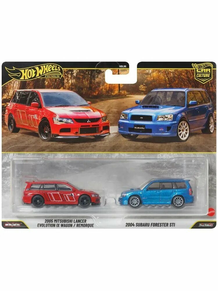 Машинка Hot Wheels Premium 2 Pack HBL96 2005 Mitsubishi Lancer Evolution IX Wagon & 2004 Subaru Forester STi