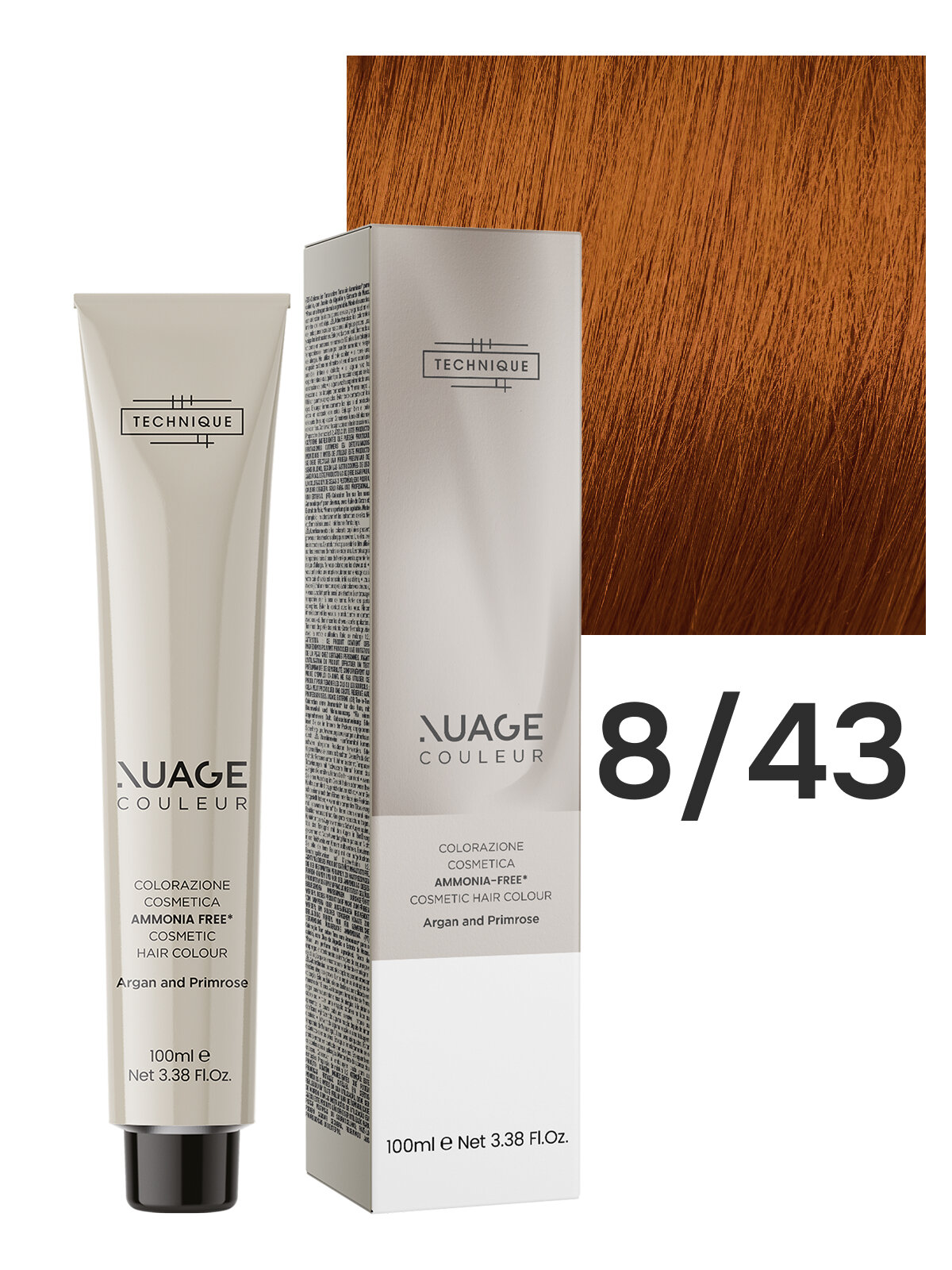 Крем - краска для волос профессиональная без аммиака Technique Nuage Ammonia Free Hair Color Cream 8.43 Светлый русый Медно-золотистый, 100 мл