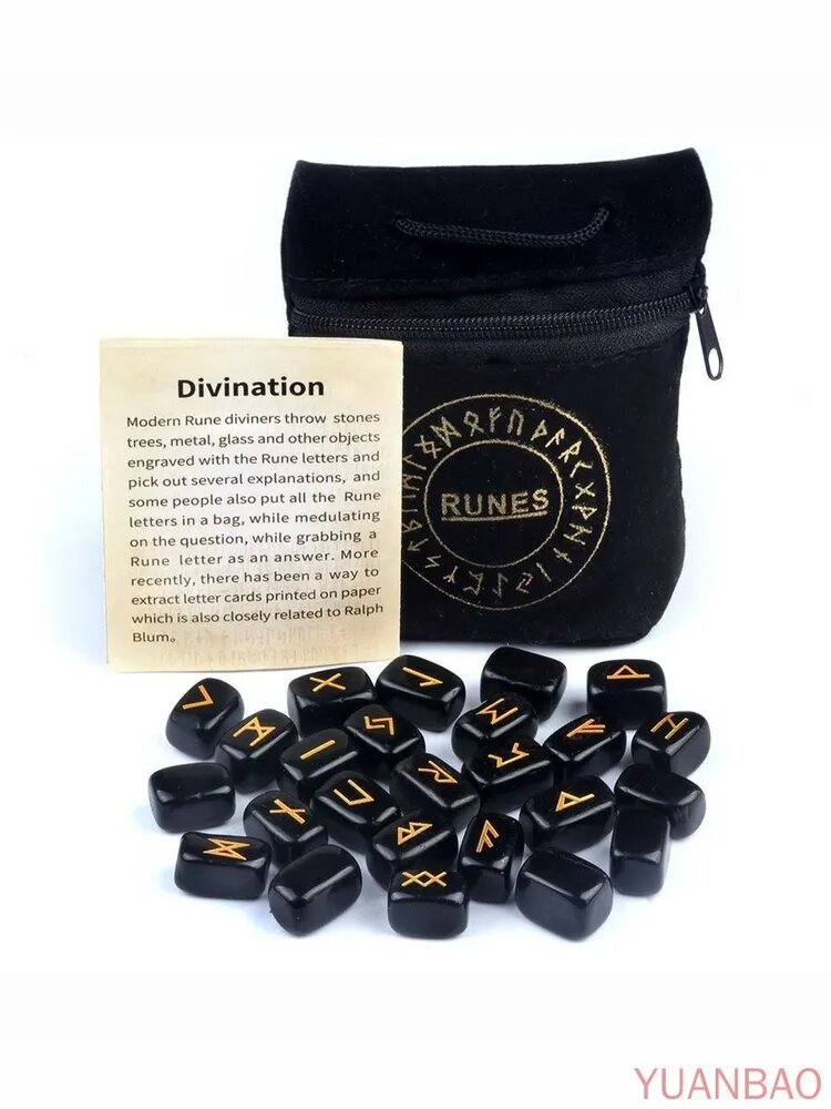 Руны скандинавские для гадания из Черного Обсидиана, Набор 25 шт из натурального камня с мешочком и инструкцией на русском. Старший Футарк