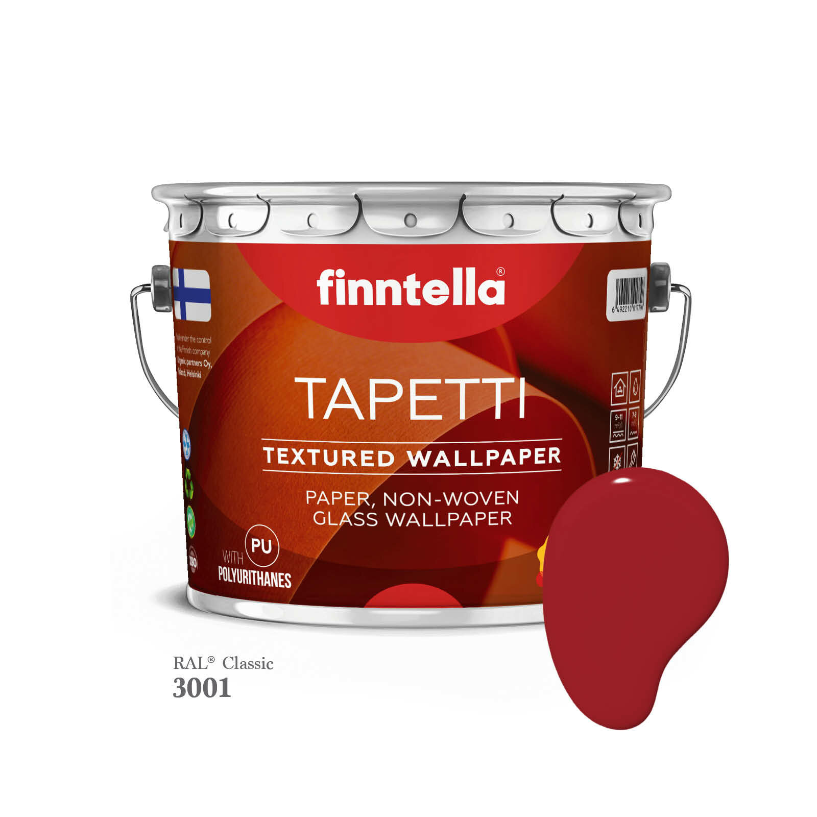 Шелковисто-матовая краска для обоев под окраску TAPETTI SILKKI Matta FINNTELLA, Цвет RAL 3001 Сигнальный красный (Signal red), 2,7л