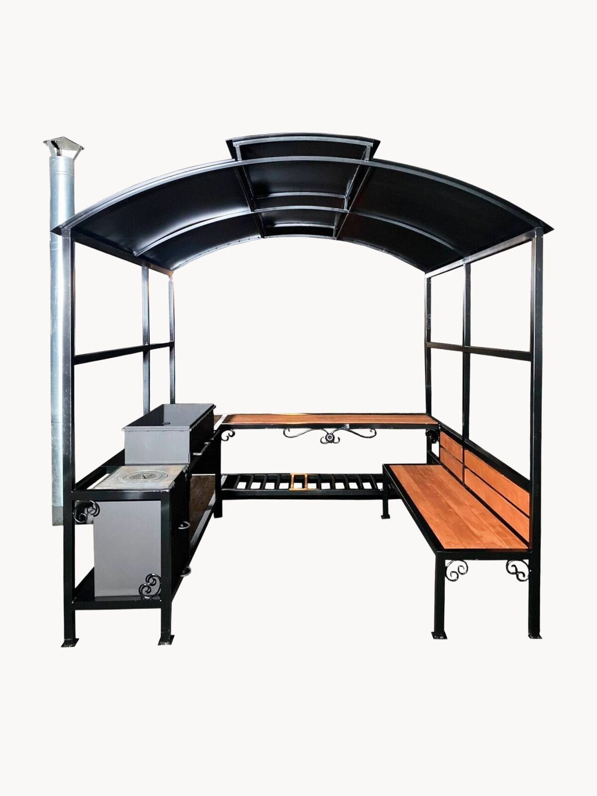 Мангал-беседка неразборная для дачи лофт с крышей и печью Kovmangal Веранда 230 х 215 х 215 см с лавочкой и столешницей