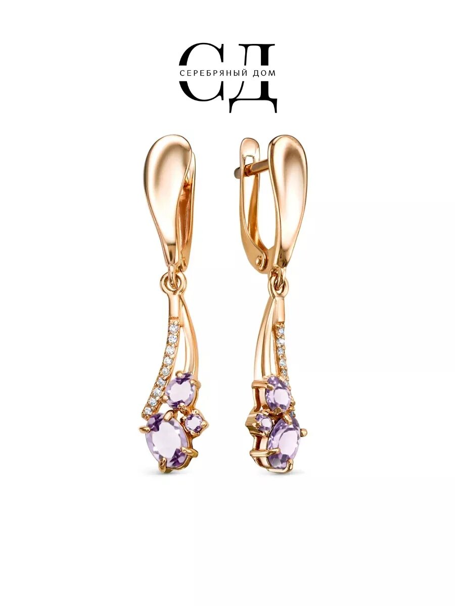 Серьги, 585, 925 проба, золочение, фианит, аметист