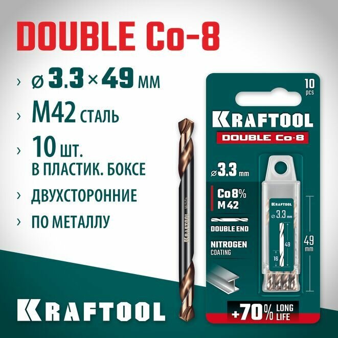 Сверло двухстороннее по металлу, сталь M 42 (+8%Co), класс А, KRAFTOOL DOUBLE Сo-8 3.3 х 49 мм