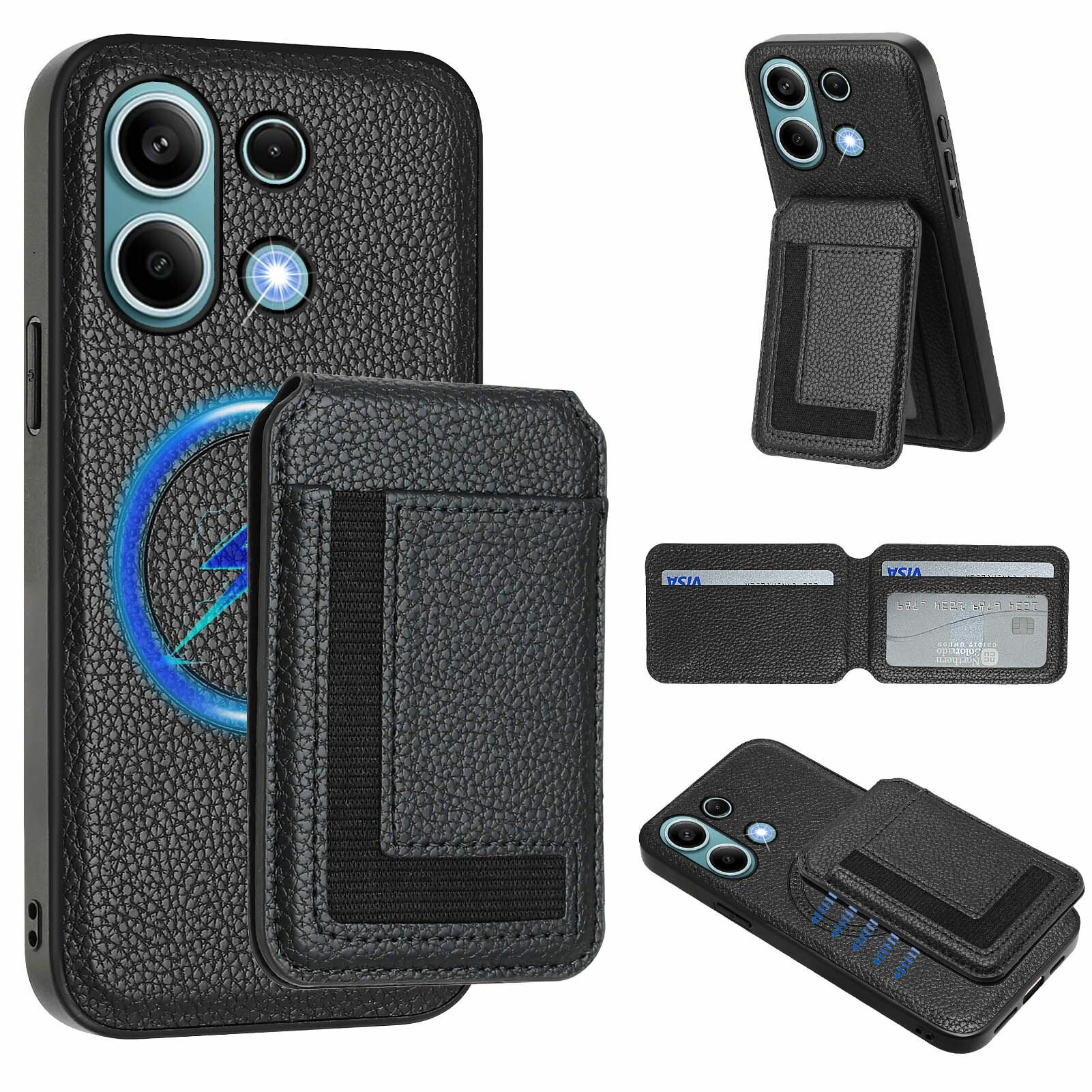 Кожаный чехол для Xiaomi Redmi Note 13 4G (Редми Ноут 13 4Г) со съемным держателем для карт 2-в-1, Поддержка беспроводной зарядки