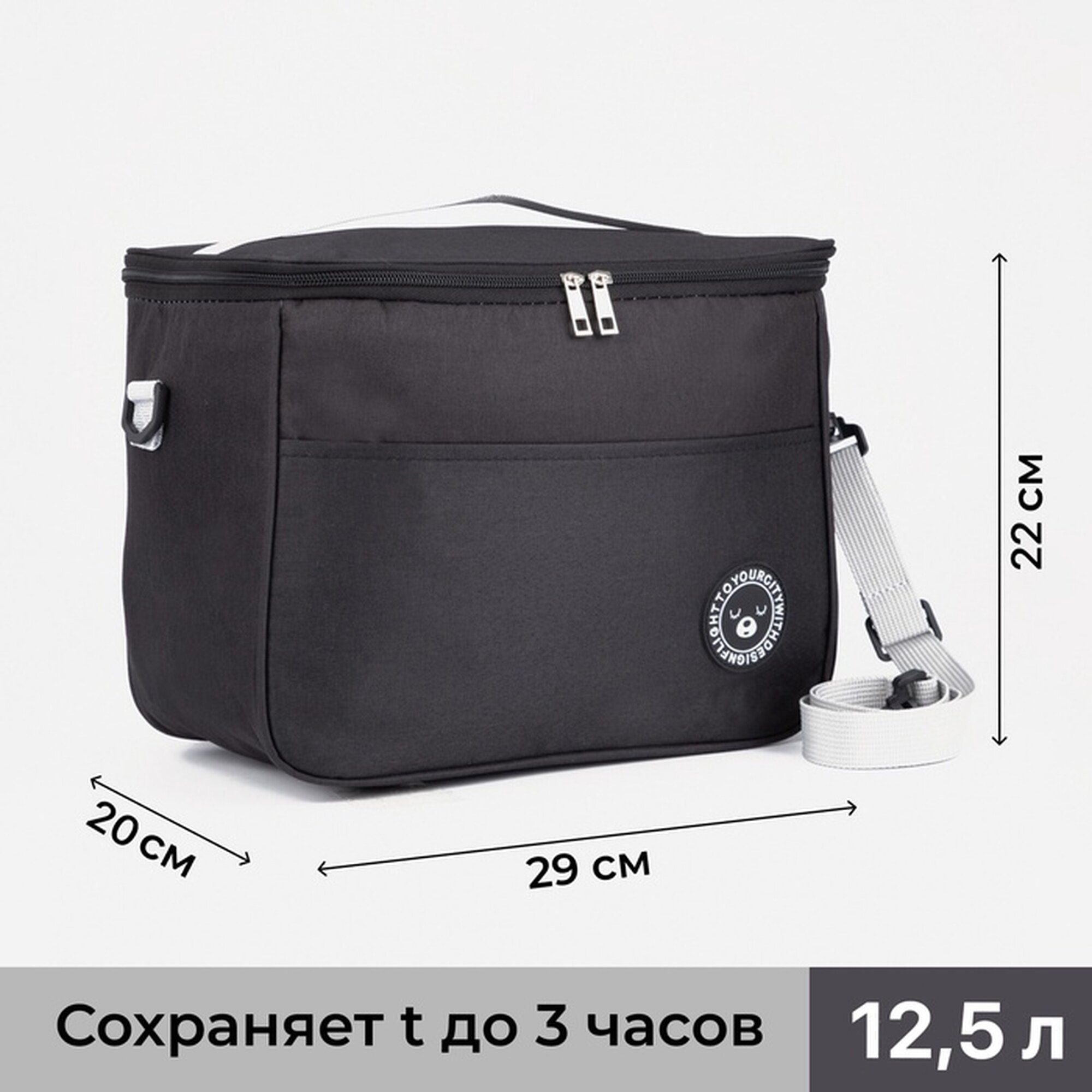 Термосумка на молнии, объём 9 л, наружный карман, регулируемый ремень, цвет чёрный