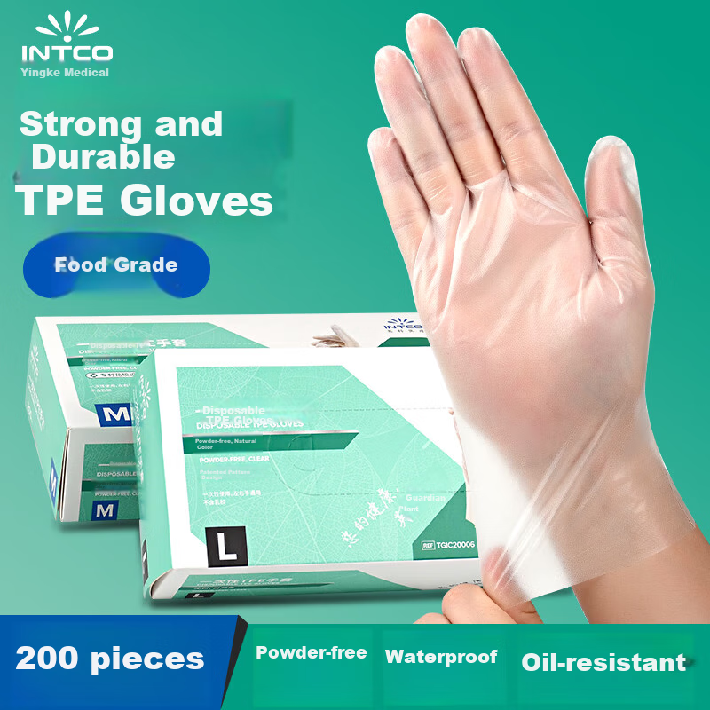 INTCO Disposable Gloves, Food-Grade Gloves, Household And Kitchen Cleaning, Catering, Crayfish PE Gloves, 200 Pieces, Size L
