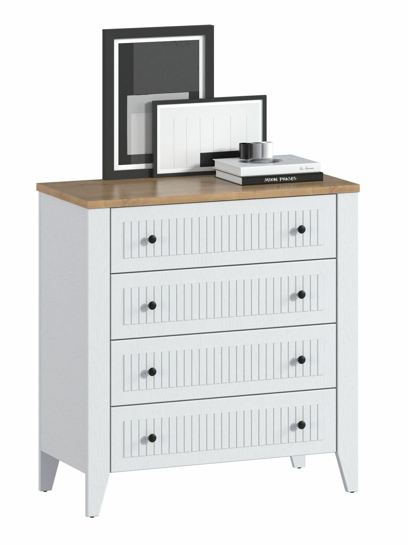 Комод столплит Монтана СБ-3545 с четырьмя ящиками, ЛДСП, МДФ, Белый Альпийский, Дуб Гамильтон, 88х41х92 см