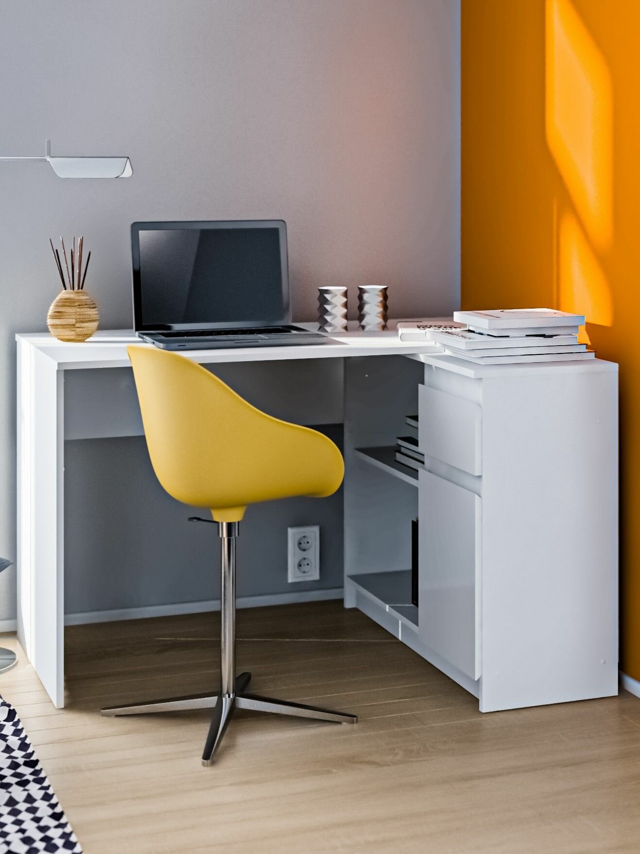 Стол компьютерный, письменный столплит Медея СБ-3239 угловой, с тумбой, с полкой, со стеллажом, ЛДСП Белый/Белый глянец, 119*75*91 см