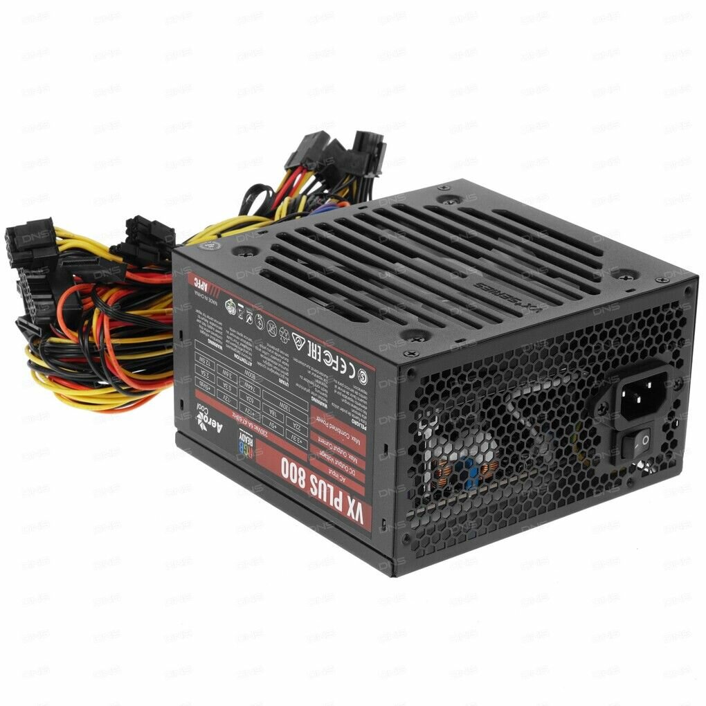 Блок питания Aerocool VX PLUS RGB 800W (VX PLUS 800 RGB) черный - 800 Вт, ATX 20+4 пин, 4 pin + 4 pin CPU, 6 SATA, 4 x 6+2 pin PCI-E