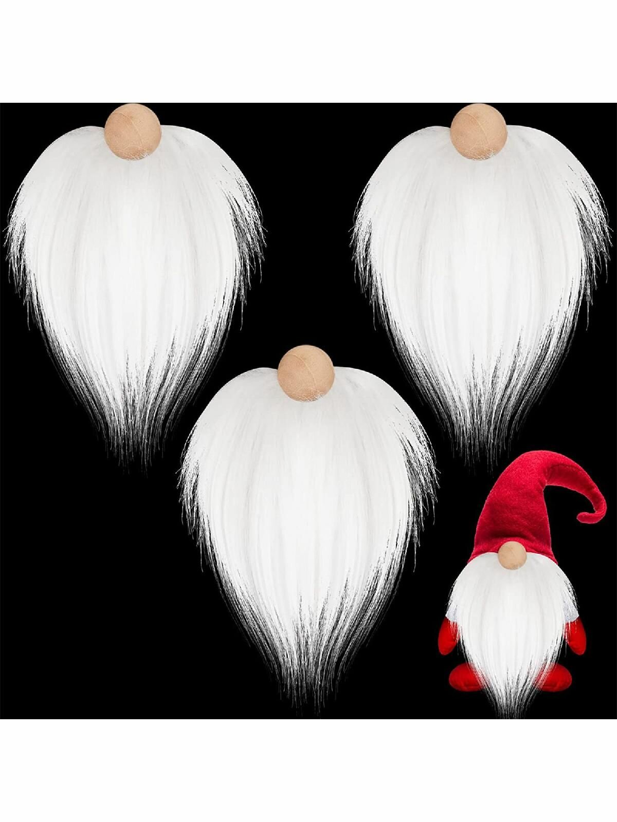 Набор для творчества и костюма: 3 пушистые бороды гномов и 3 деревянные бусины натурального цвета, аксессуары для рождественских поделок, карнавала и домашнего декора