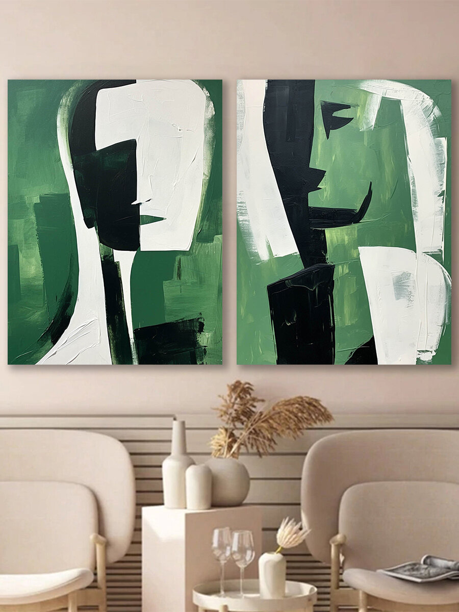 Модульные картины на стену / диптих - "Зеленая абстракция, минимализм, лица и силуэты", картина 2 шт, модуль 40х60 см