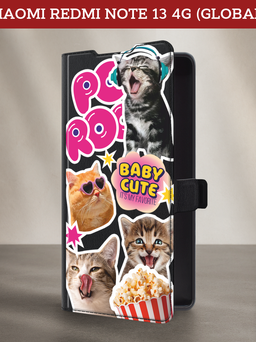 Чехол-книжка на Xiaomi Redmi Note 13 4G (Global) / Сяоми Редми Нот 13 4G с принтом Popcorn cats, черный
