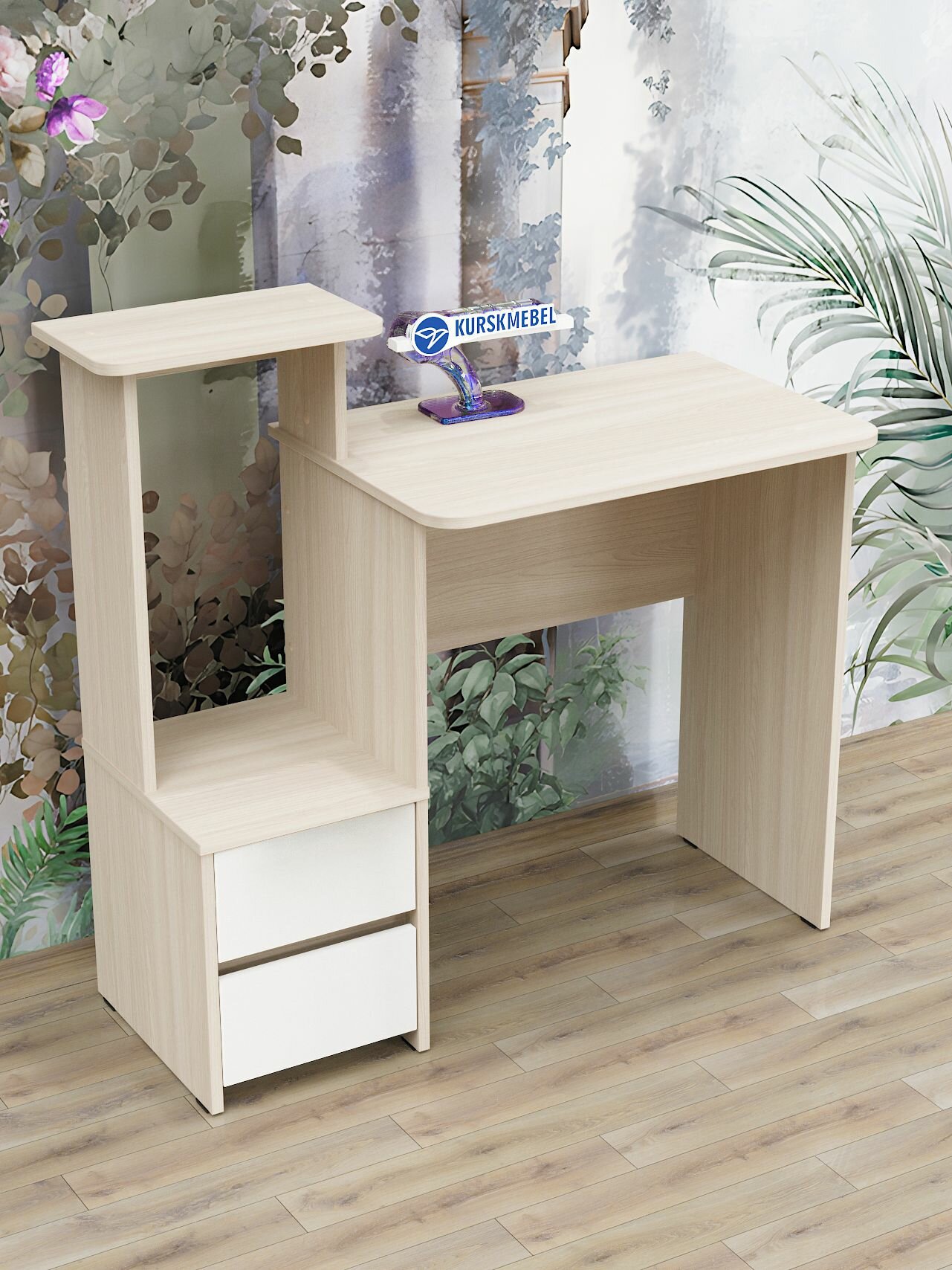 Компьютерный стол Курскмебель №5, ЛДСП, прямой, 2 ящика, белый/ясень шимо светлый, 93,4x99,8x44,4см