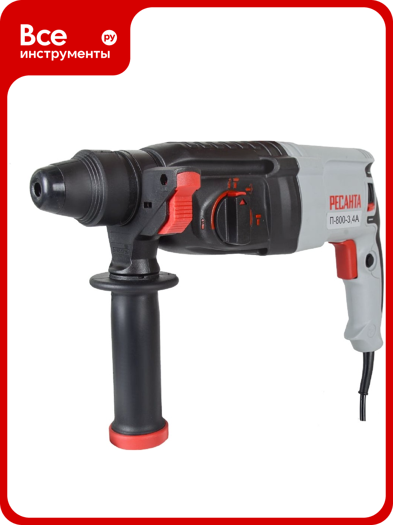 Перфоратор Ресанта П‑800‑3.4А 75/3/5, длиной 2, профессиональный с электронным реверсом, щеточным двигателем