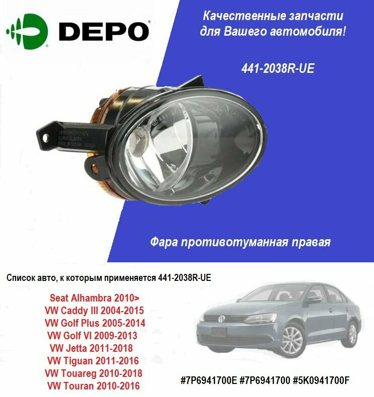 441-2038R-UE Depo Фара противотуманная правая для VW GOLF VI (2009-2012)