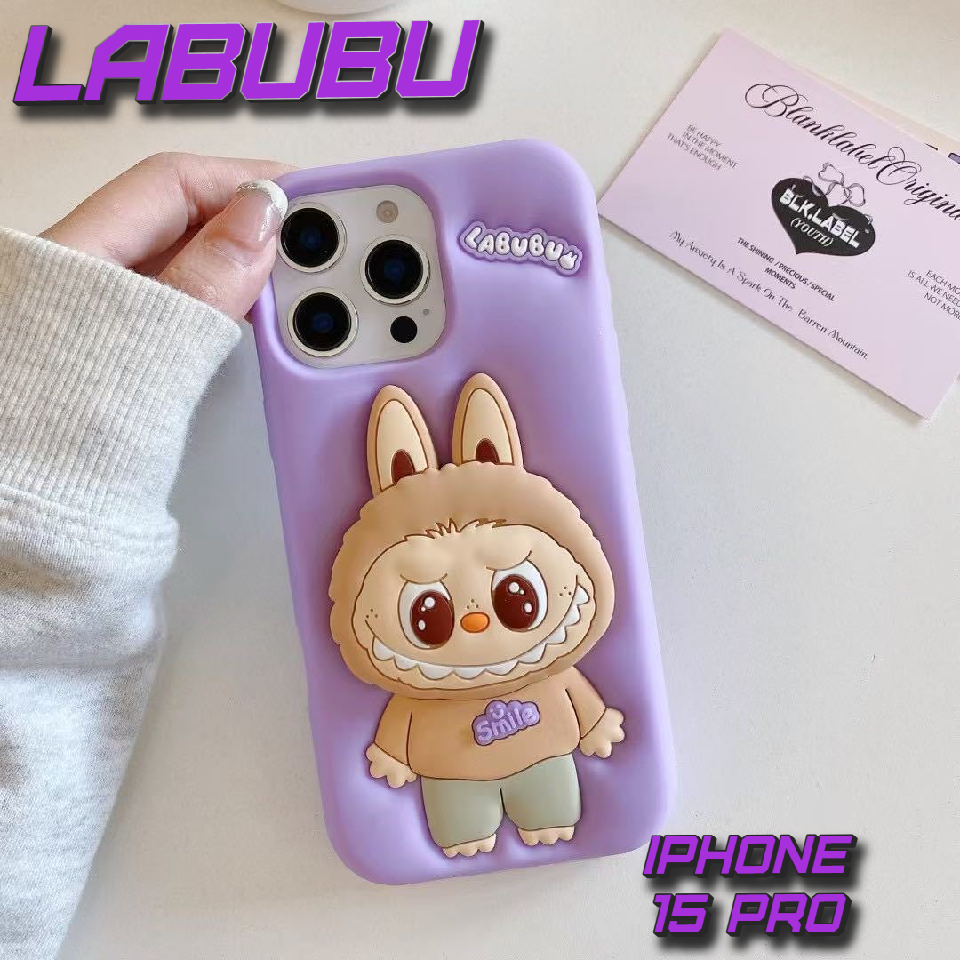 Силиконовый чехол Labubu для iPhone 15 Pro защитный, (Popsocket), сиреневый
