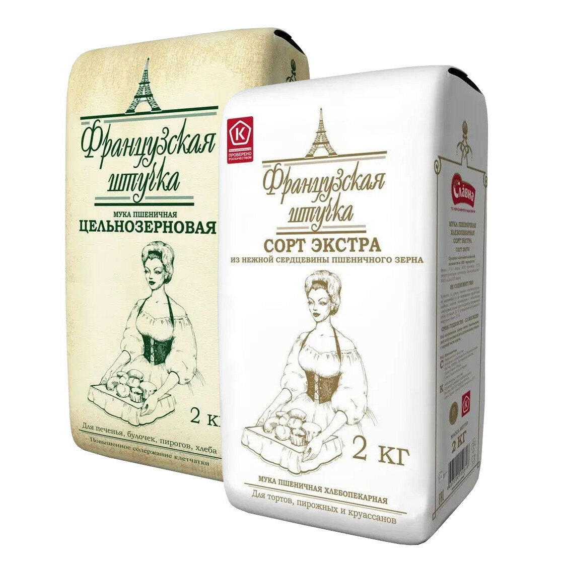 Мука Французская Штучка: сорт экстра и цельнозерновая 2кг*2шт.