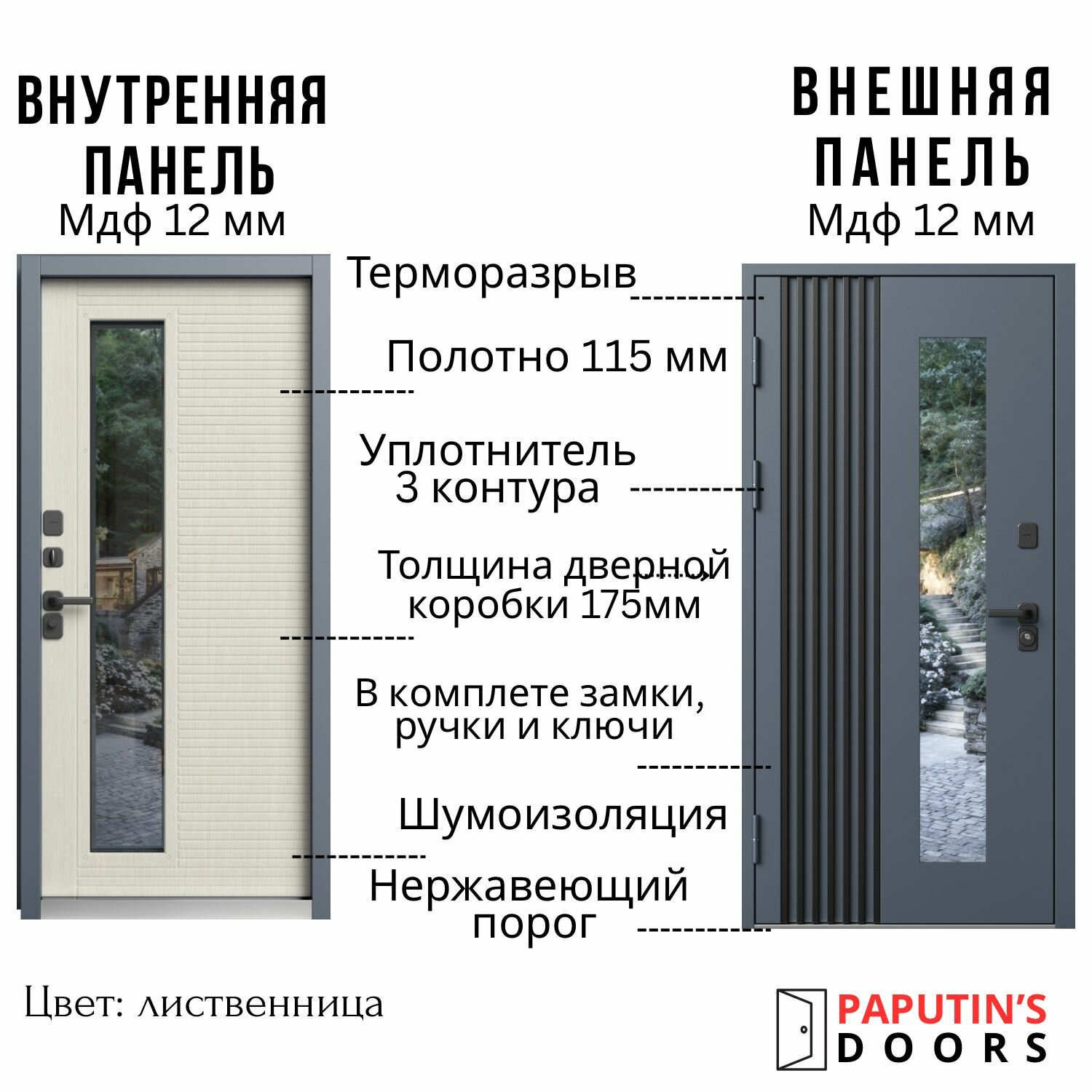 Дверь входная металлическая с терморазрывом Фортис лиственница с черным коробом Paputin's Doors 860 х 2050 мм Левая