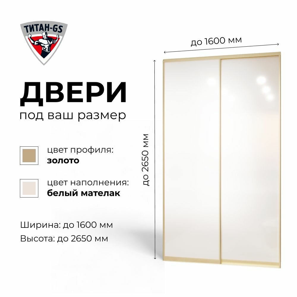 Двери купе для гардеробной и шкафов Титан-GS 2 створки в проем до 1600 мм на 2650 мм, профиль золото стекло белый мателак