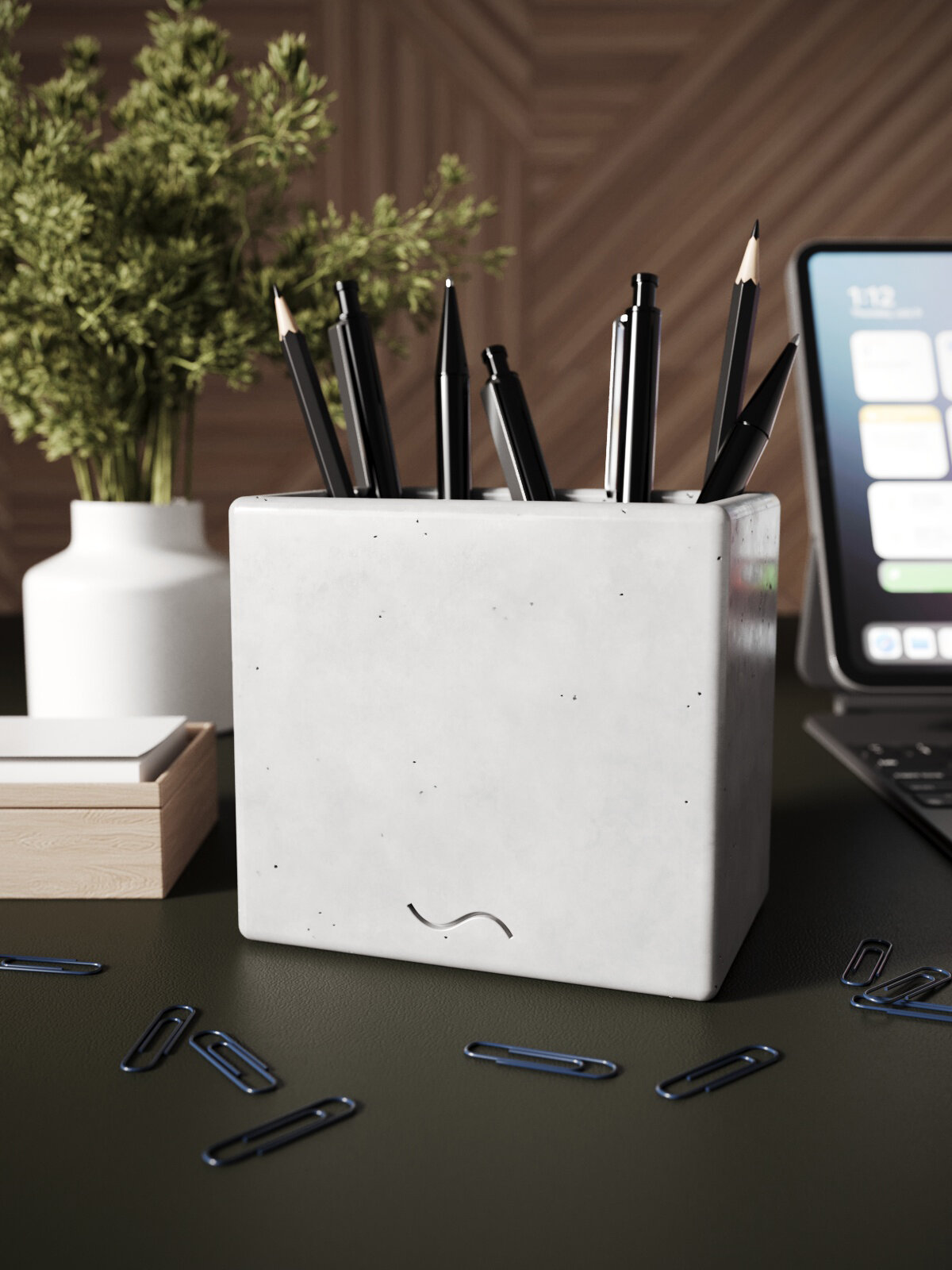 Канцелярский стакан Emily Duo, органайзер для канцелярии, 12х11х8 см, бетон, серый глянцевый