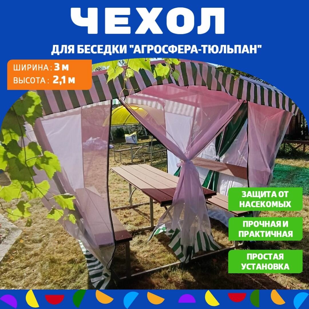 Москитная сетка для беседки Агросфера Тюльпан, со шторами, зелено-белая полоска