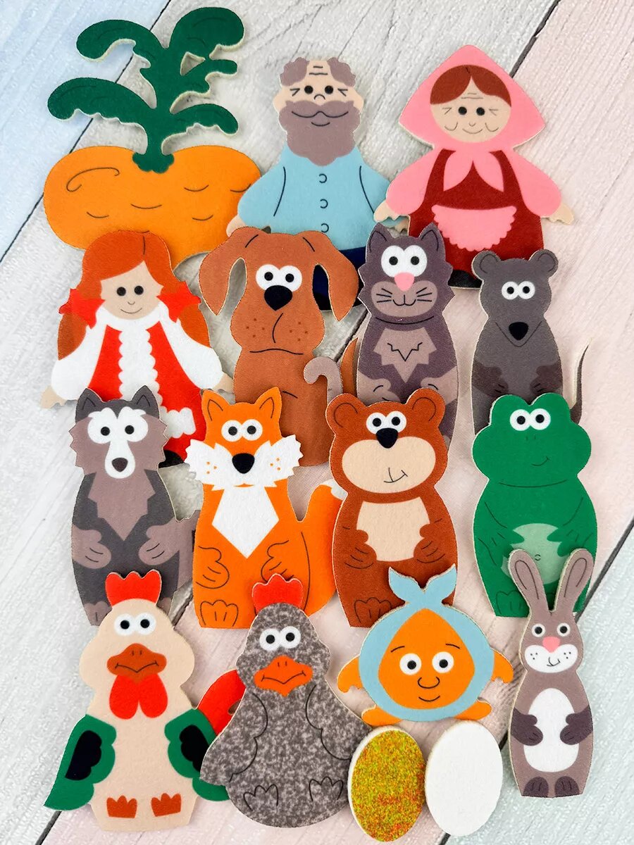 Сказки из 2,5мм фетра на липучках, полный комплект, персонажи 8-9,5см.