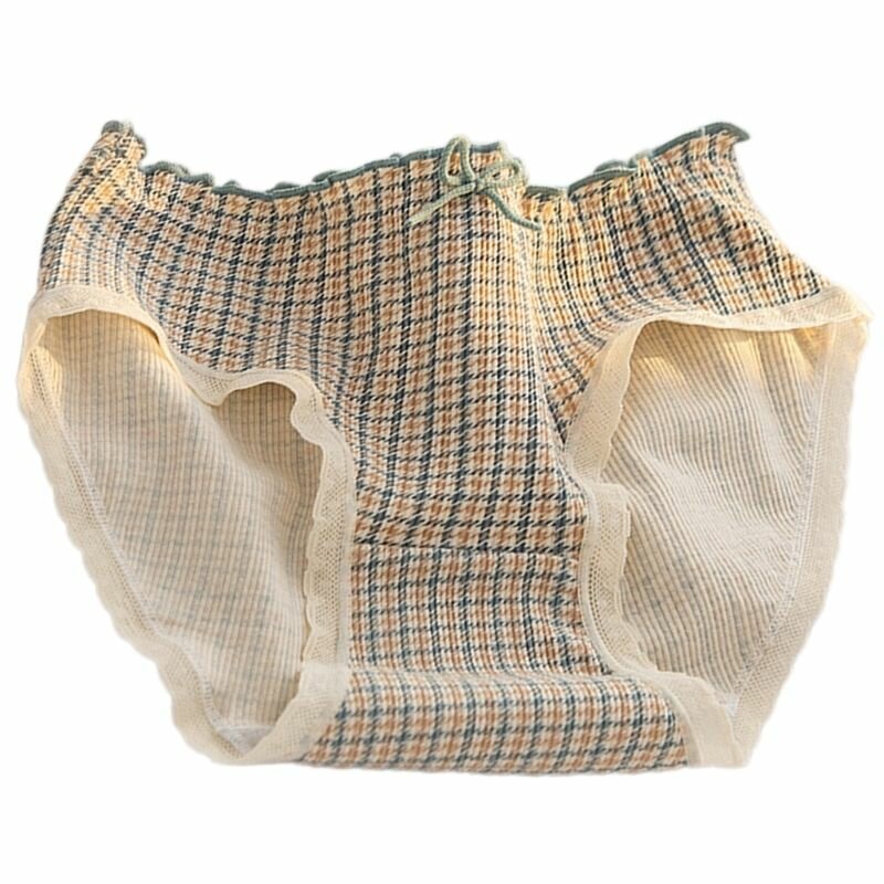 Молодежные хлопковые трусики с рюшами и клубничным принтом, Желтый и синий плай - M