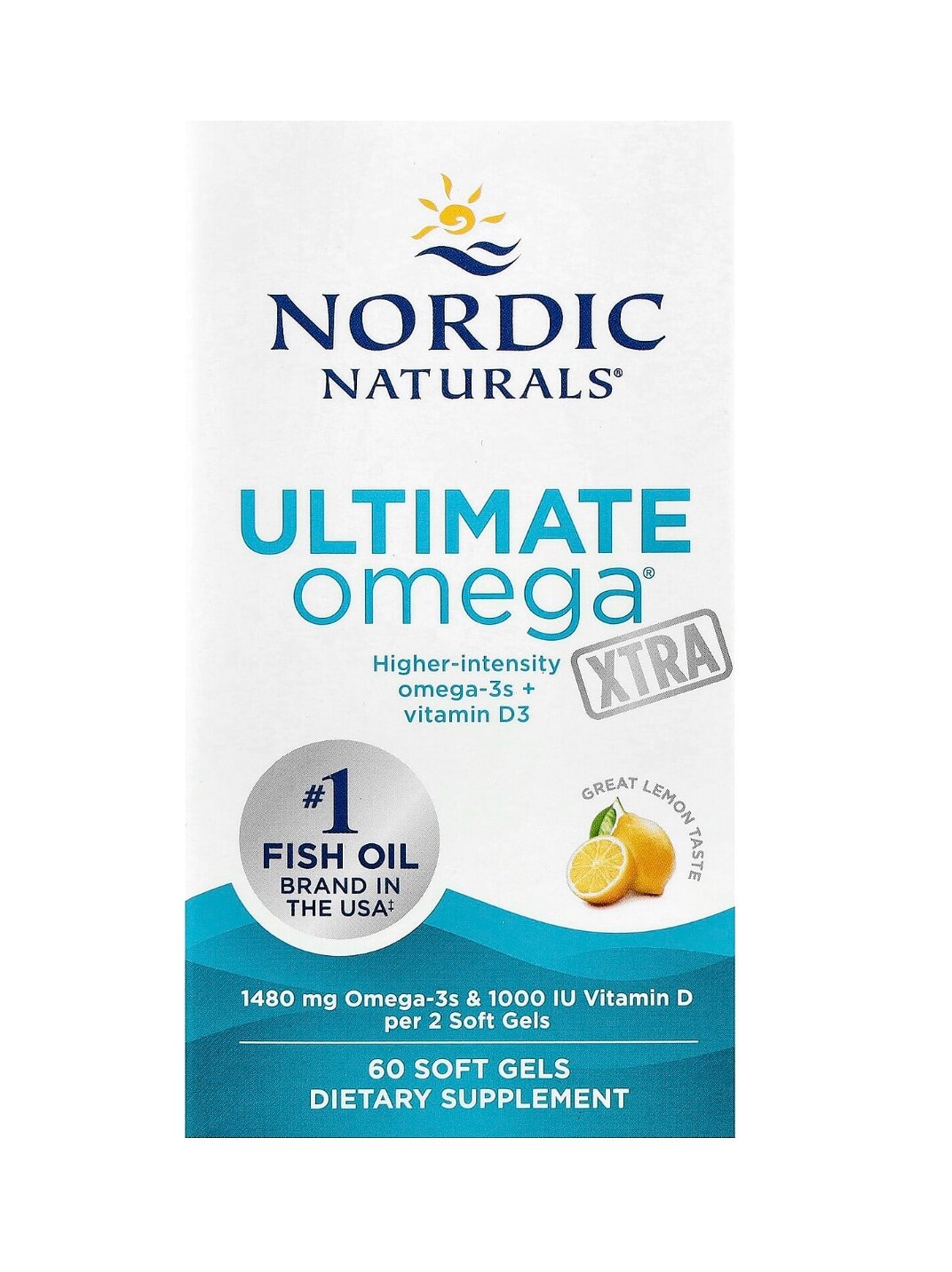 Nordic Natures Omega Xtra высокоэффективная Омега 3 со вкусом лимона 60 капсул