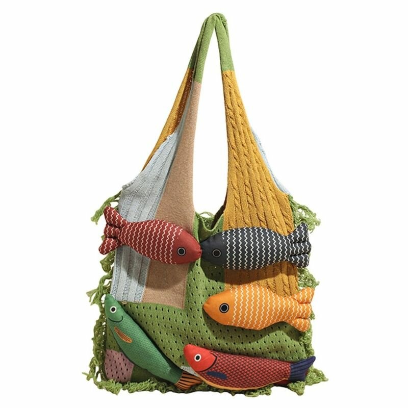 Универсальная трикотажная сумка для пригородных поездок с милой вышивкой в виде рыбки большой вместимости-зеленый